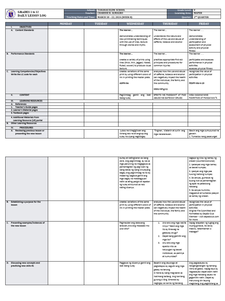 DLL - Mapeh 5 - Q3 - W8 | PDF | Differentiated Instruction | Learning