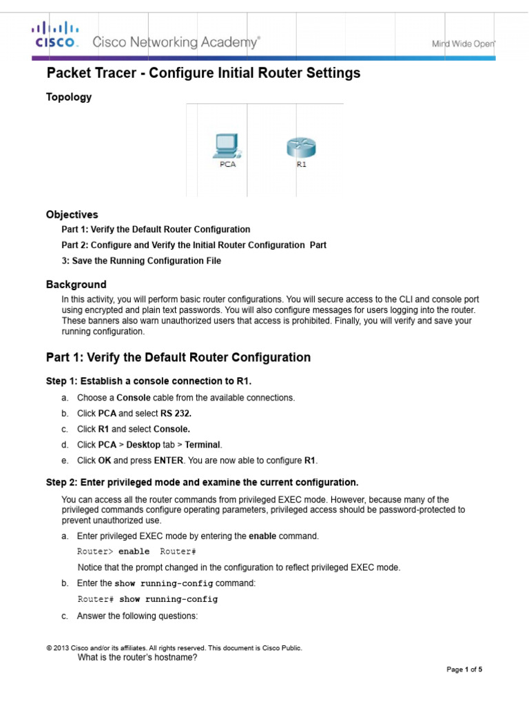 6.4.1.2 Packet Tracer - Configure Initial Router Settings | PDF | Command Line Interface ...