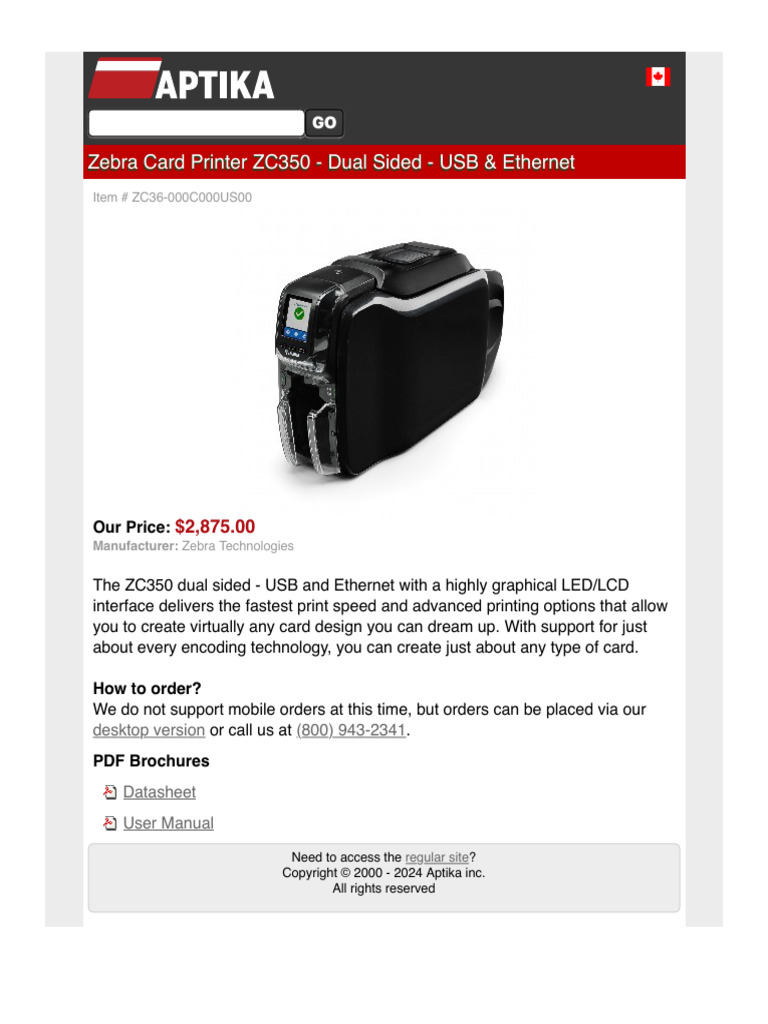 Aptika Canada - Zebra Card Printer ZC350 - Dual Sided - USB & Ethernet ...