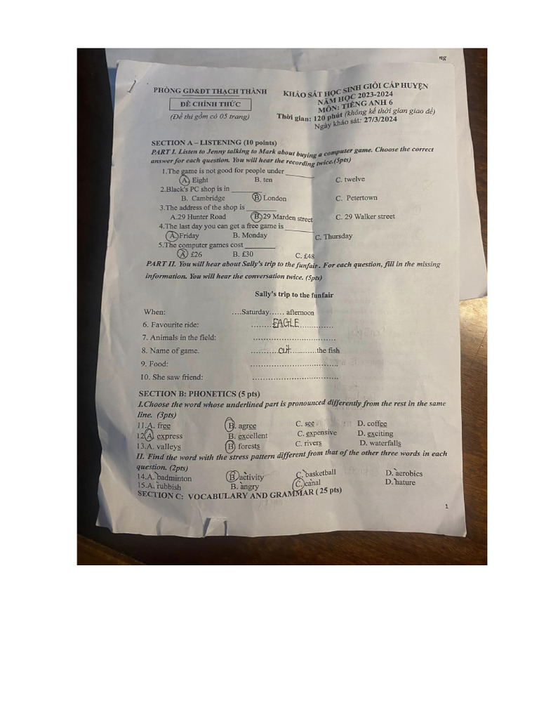 De HSG Tieng Anh 6 Huyen Thach Thanh Nam Hoc 20232024 | PDF