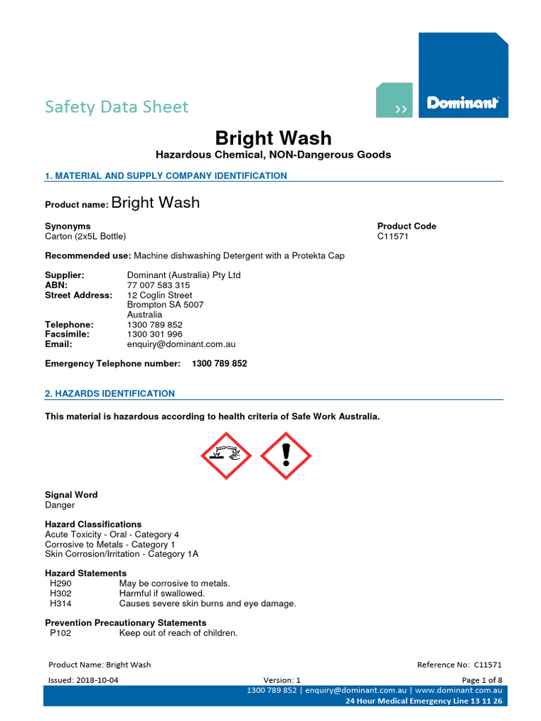Bright Wash-Safety Data Sheet | PDF | Toxicity | Dangerous Goods
