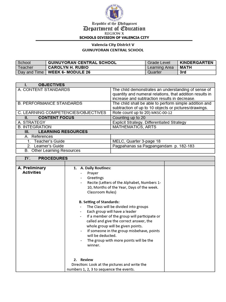 Q3 Week 6 Rote Count 1 20 | PDF | Learning | Teachers