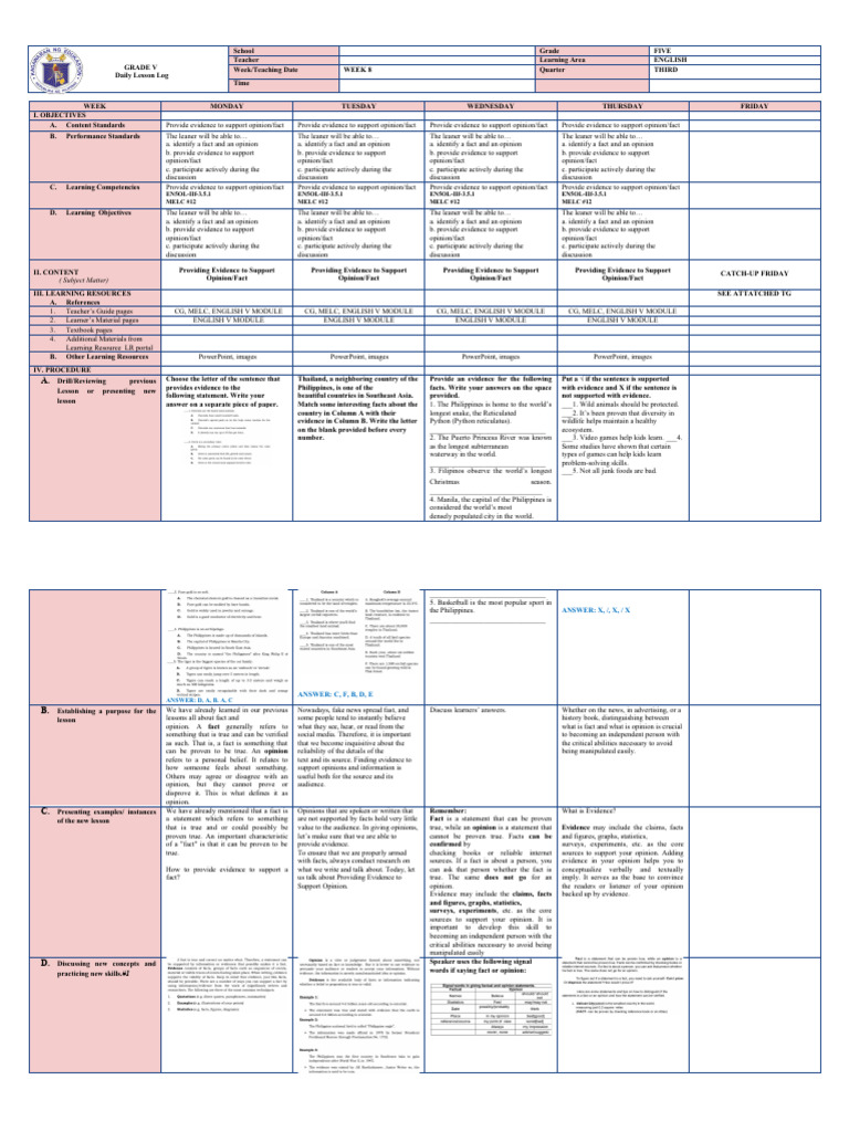 DLL W8 Q3 English 5 | PDF | Evidence | Learning