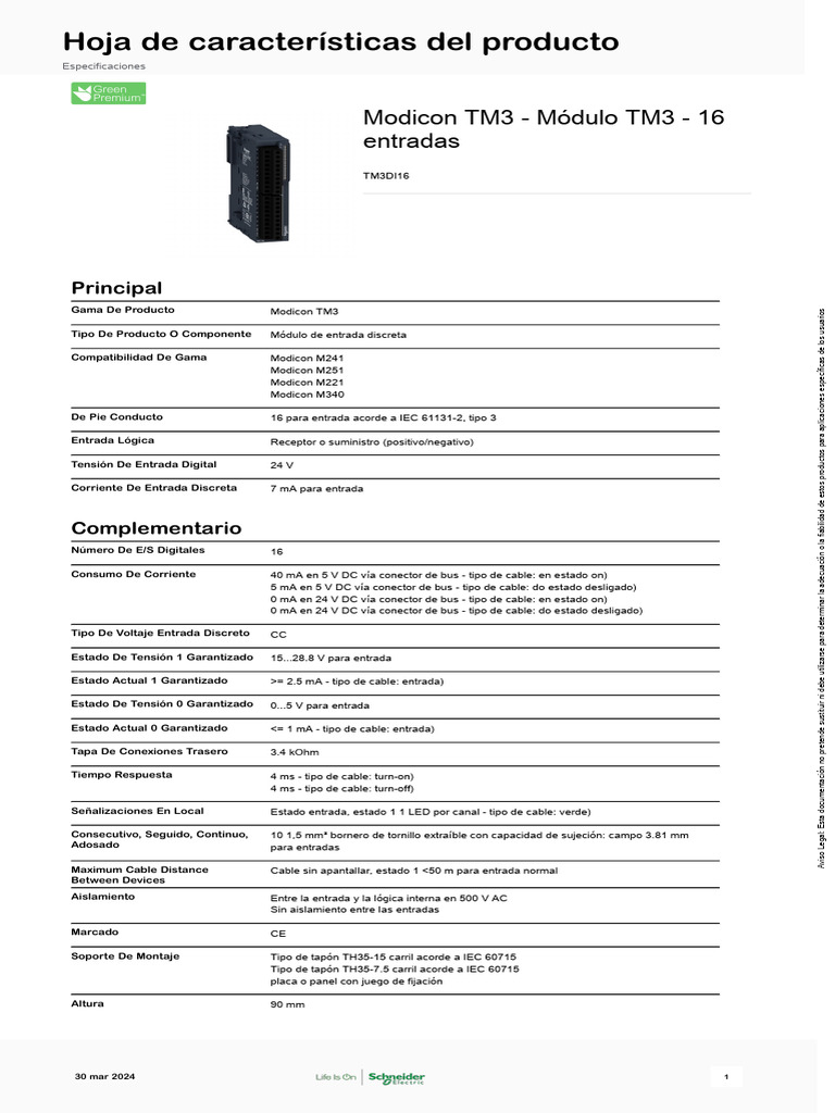 Schneider Electric - Modicon-TM3 - TM3DI16 | PDF | Controlador lógico ...