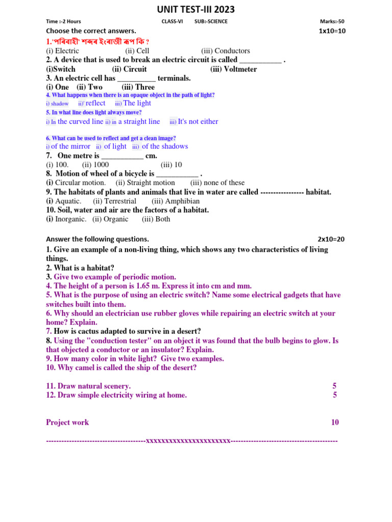 Class VI Science Unit Test III 2023 | PDF | Light | Switch