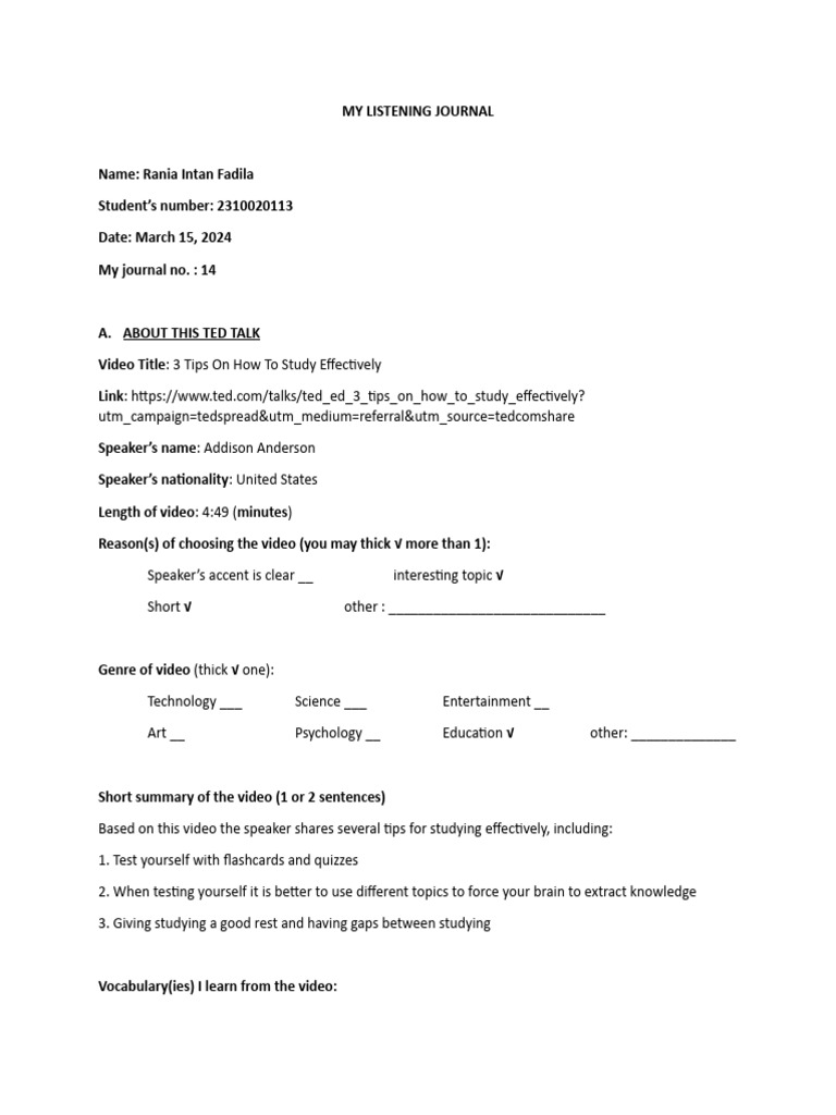 My Listening Journal 14 - Rania Intan Fadila | PDF | Vocabulary ...