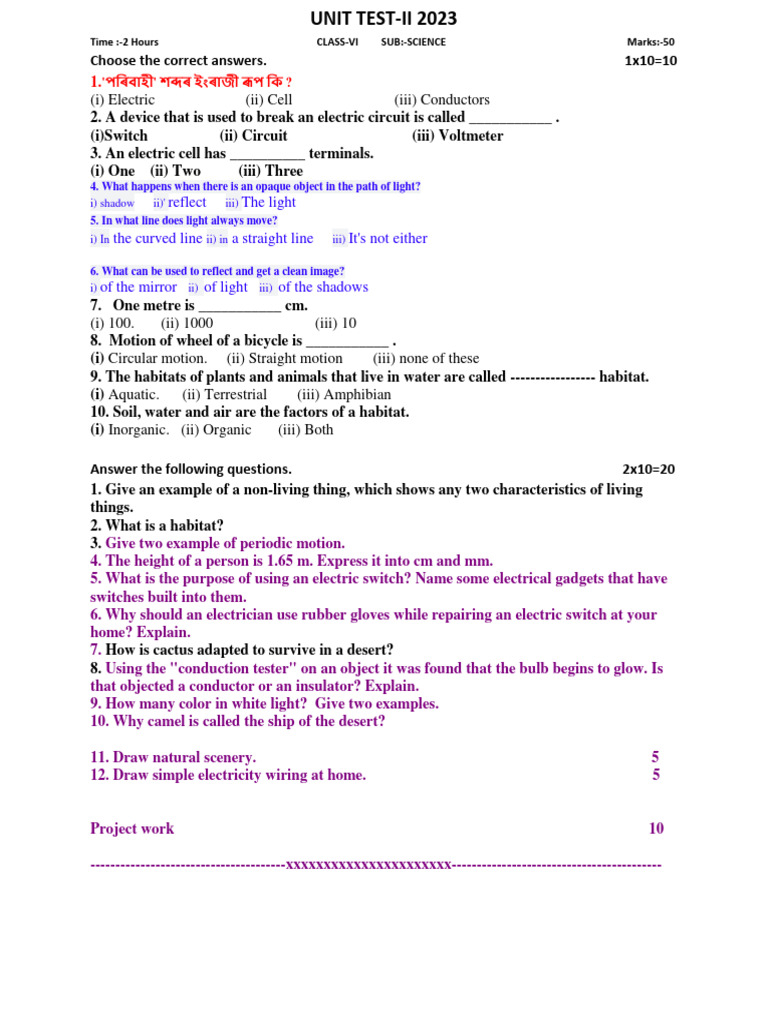 Class 6 Science Unit Test II 2023 | PDF | Light | Switch