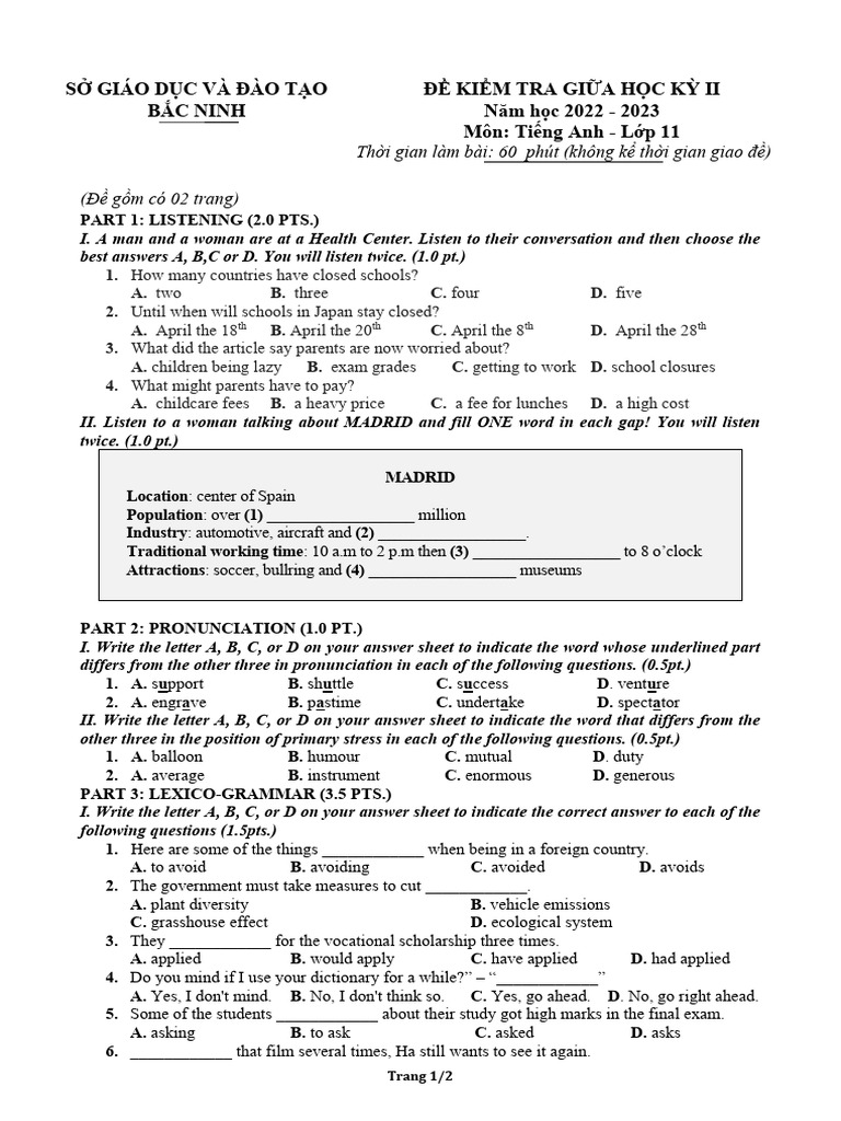 De Kiem Tra Giua Hoc Ky 2 Tieng Anh 11 Nam Hoc 2022 2023 So GDDT Bac Ninh | PDF | Egyptian Pyramids