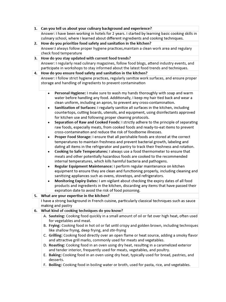 Culinary Interview Questions & Answers | PDF | Cooking | Hygiene