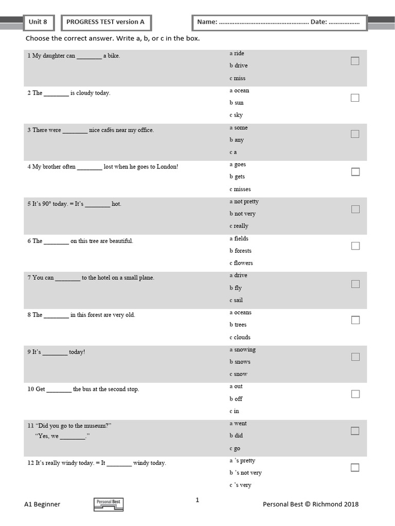 PB AmE A1 Unit Test U8 Version A | PDF | Physical Geography | Earth ...