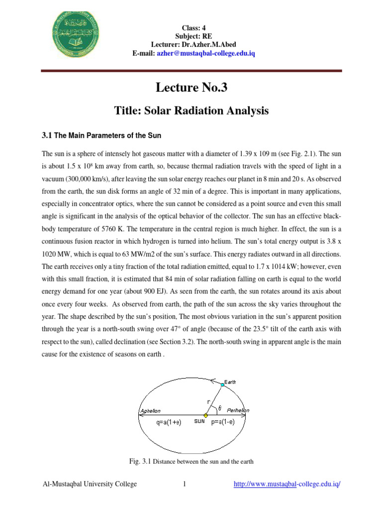 Lecture 3-Solar Radiation Analysis | Download Free PDF | Sun | Equator