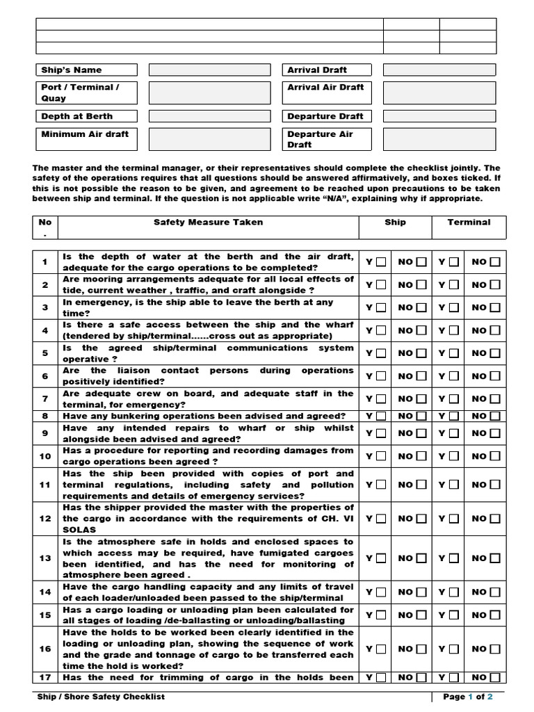 D-11 - Ship Shore Safety Checklist (Bulk) | PDF | Ships | Port