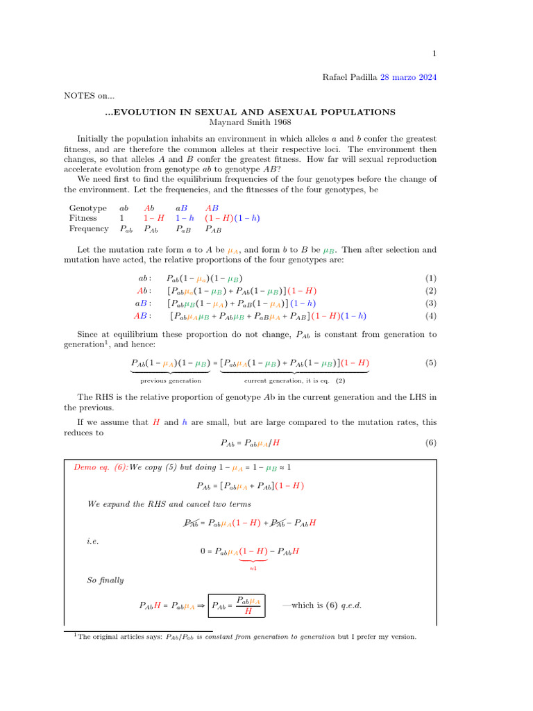 Maynard Smith 1968 Evolution in Sexual and Asexual Populations (With ...