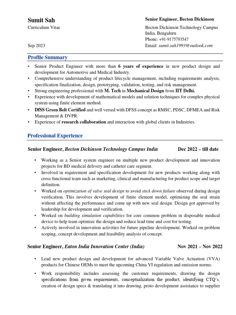 Sumit Sah Resume - Sep23 PDF | PDF | Design For Six Sigma | Reliability Engineering