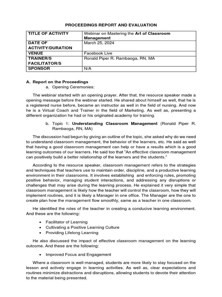 Classroom Management Proceedings | PDF | Classroom Management | Learning