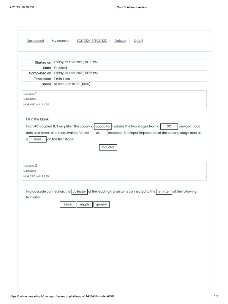 Quiz 6 - Attempt Review | PDF | Amplifier | Electromagnetism