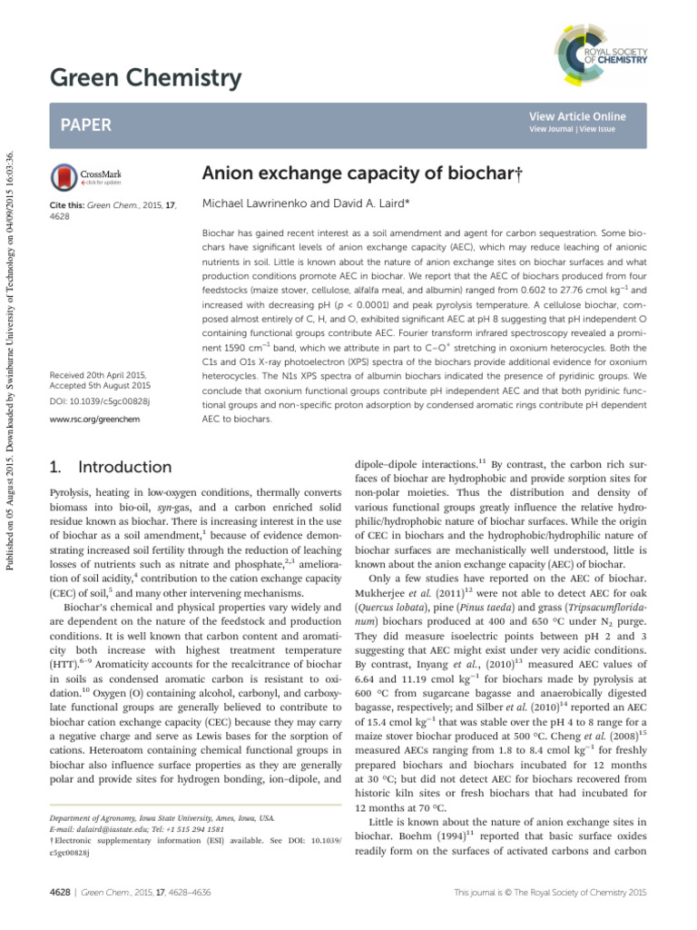 Anion Exchange Capacity of Biochar - Lawrinenko Michael Laird David A ...