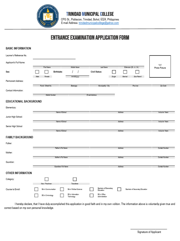Trinidad Municipal College Entrance Exam Form | PDF