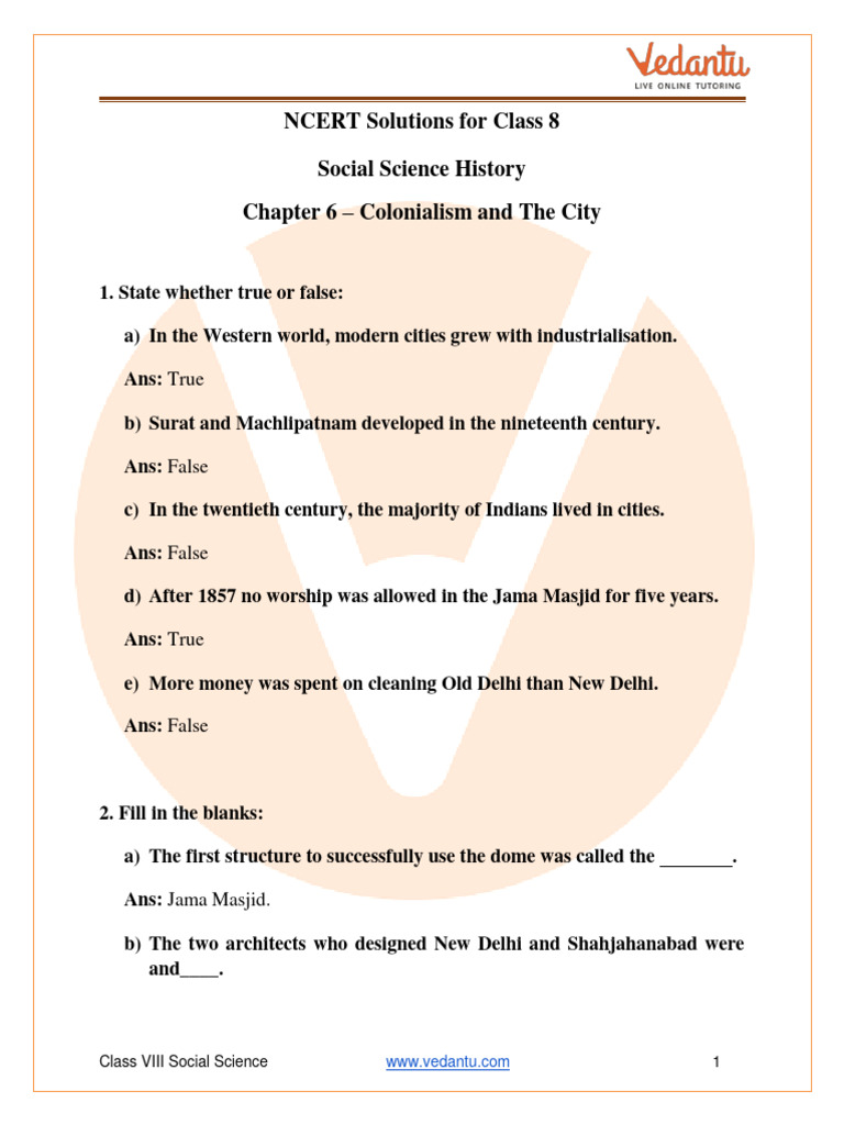NCERT Solutions For Class 8 Social Chapter 6 - Colonialism and The City ...