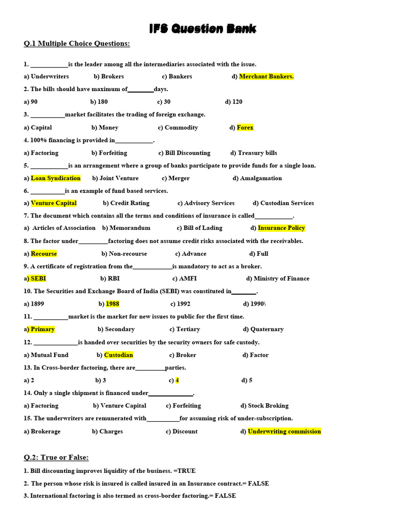 IFS Question Bank | PDF | Factoring (Finance) | Securities (Finance)