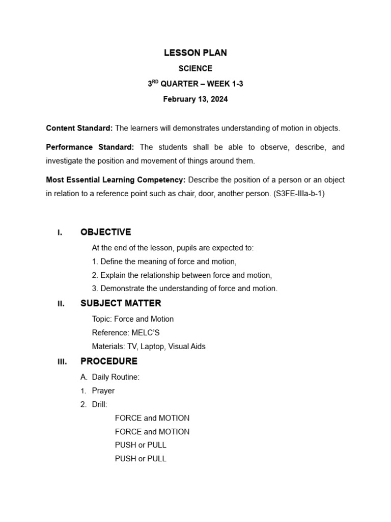 Force and Motion Lesson Plan for 3rd Grade | PDF | Force | Lesson Plan