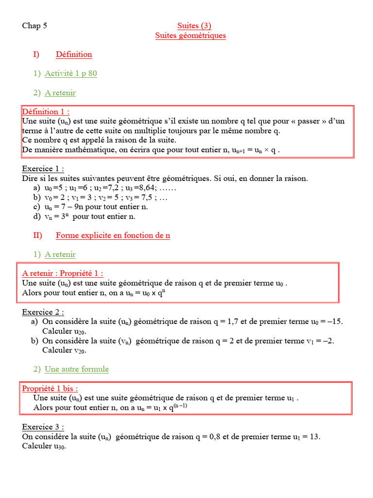 Suites géométriques : définitions et formules | PDF | Mathématiques ...