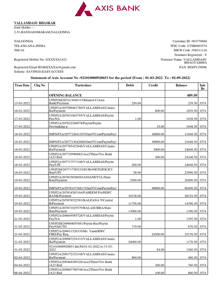 Statement of Axis Account No:921010000920651 For The Period (From: 01 ...