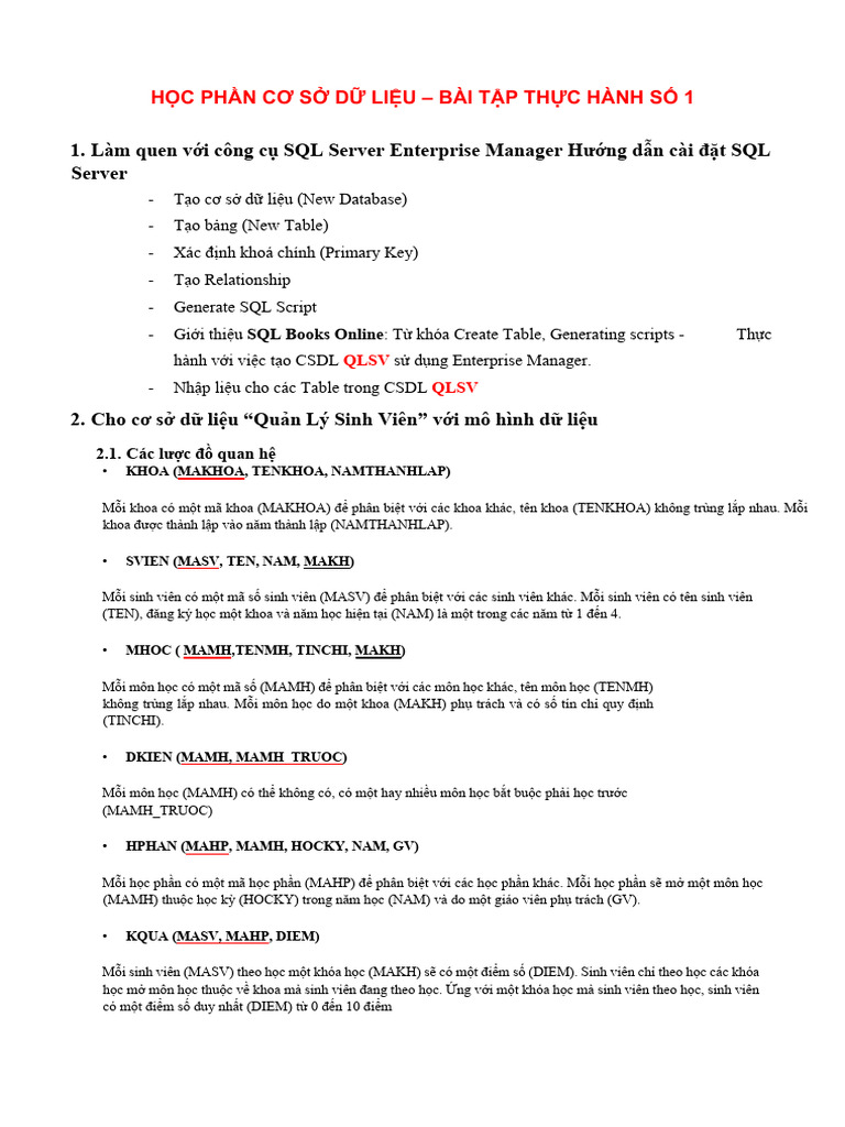 T - TH.01 - QLSV - tạo lập csdl | PDF