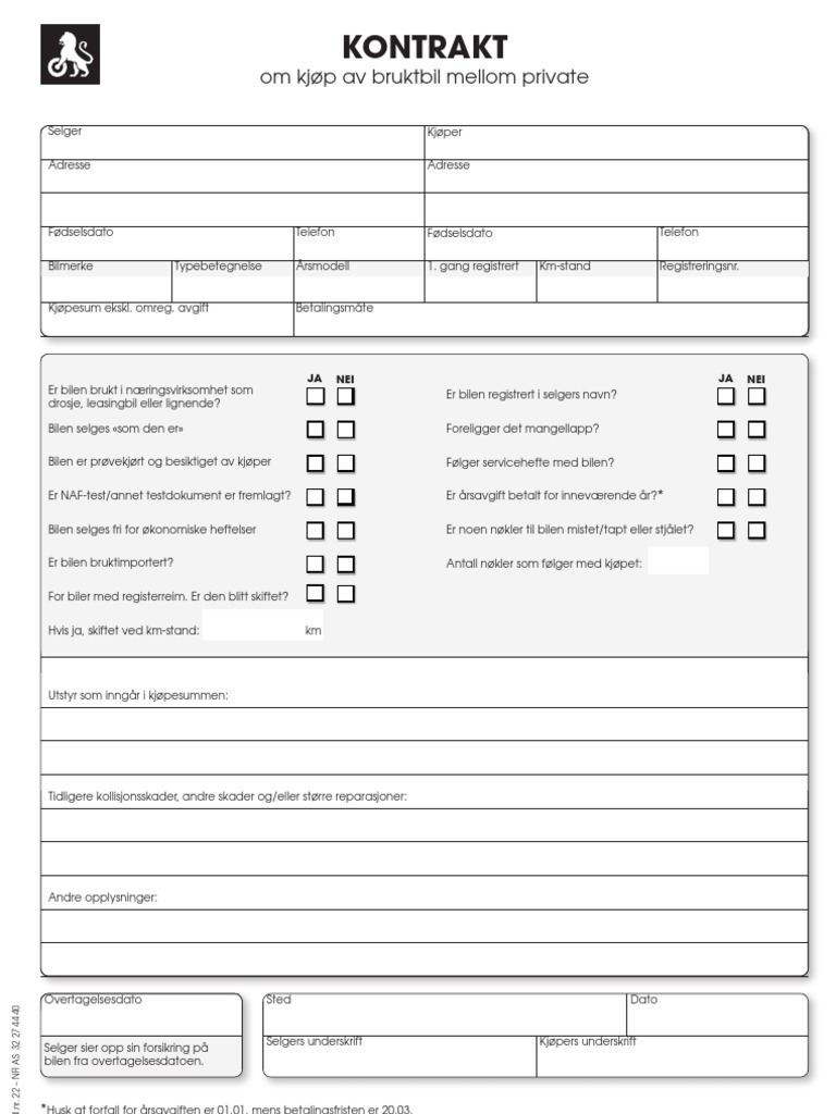 Kjøpekontrakt For Bil | PDF