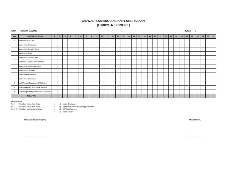 Form Jadwal Pemeriksaan Dan Pemeliharaan Forklift Electric | PDF