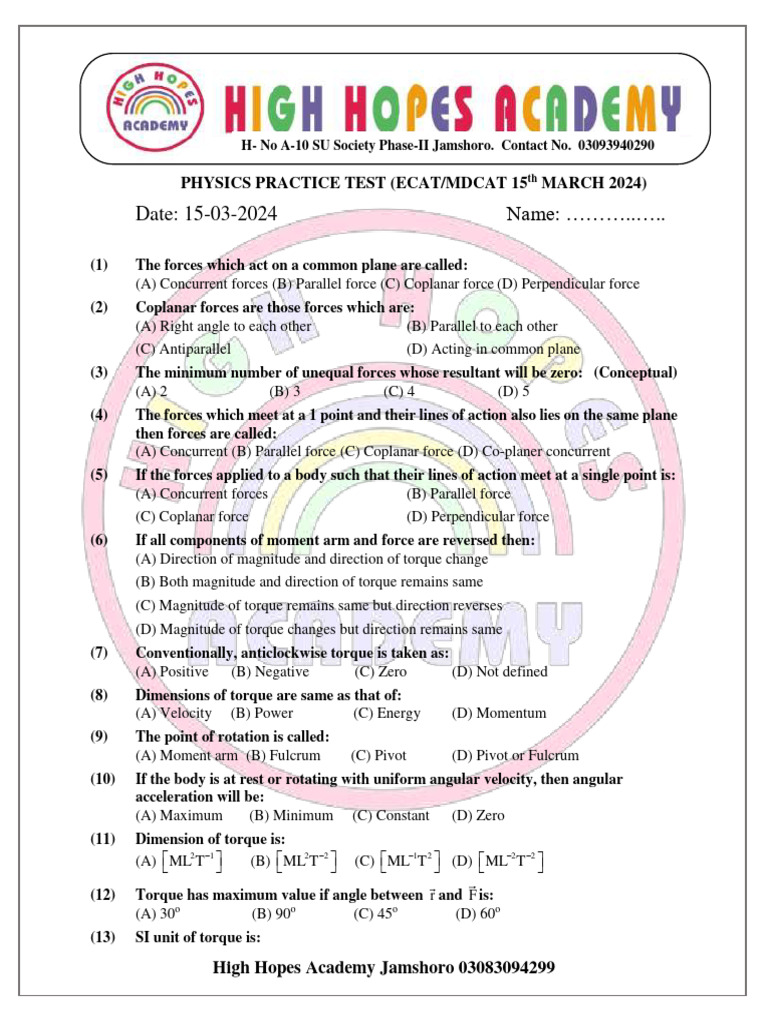 MDCAT Practice Test Torque and Equilibrium | PDF | Torque | Force