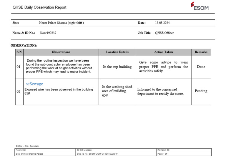 15.03.2024, Daily Observation Report - Service Zone | PDF