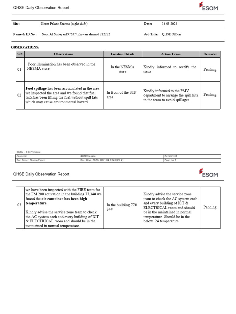 16.03.2024, Daily Observation Report - Service Zone | PDF