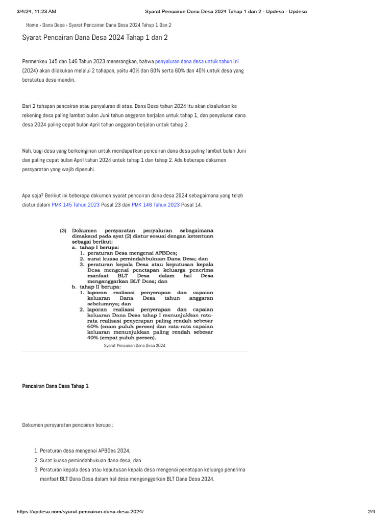 Syarat Pencairan Dana Desa 2024 Tahap 1 Dan 2 Pdf
