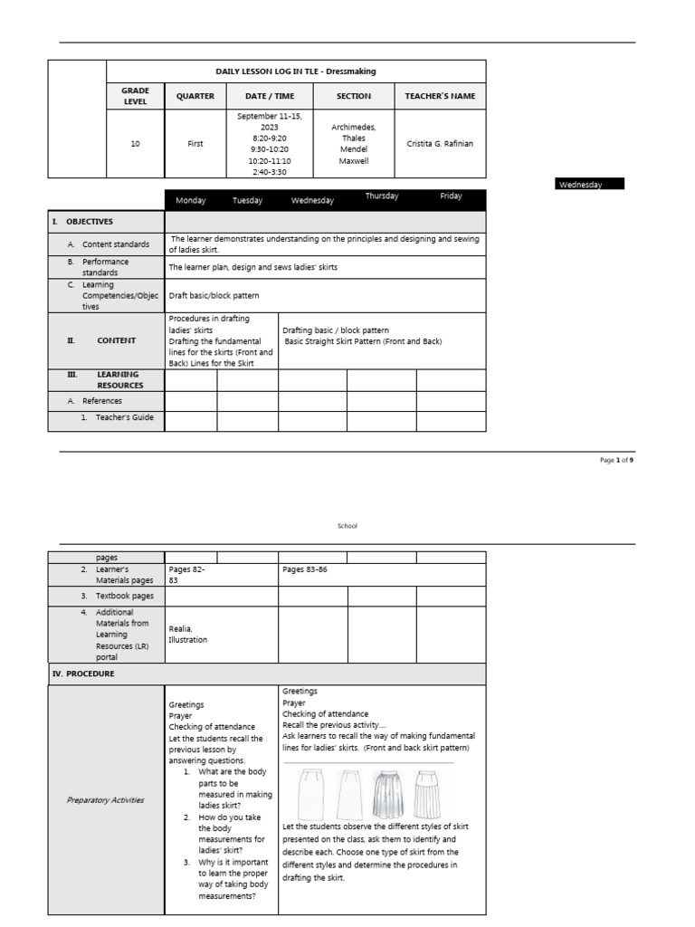 Daily Lesson Log in Tle 10 Dressmaking Quarter 1 Week 5 | PDF | Inch | Cognition