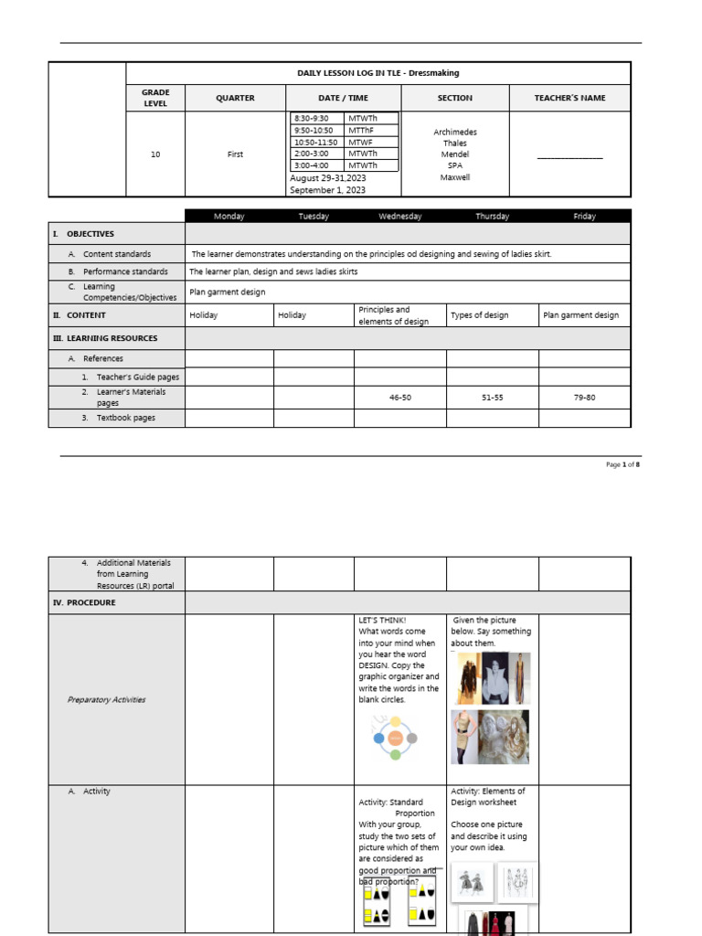 Daily Lesson Log in Tle 10 Dressmaking Quarter 1 Week 1 | PDF | Drawing | Fashion