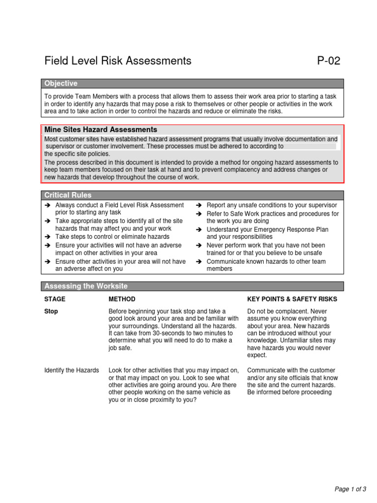 SOP-02 Field Level Risk Assessments | PDF | Risk | Risk Assessment SOP-02 Field Level Risk Assessments | PDF | Risk | Risk Assessment