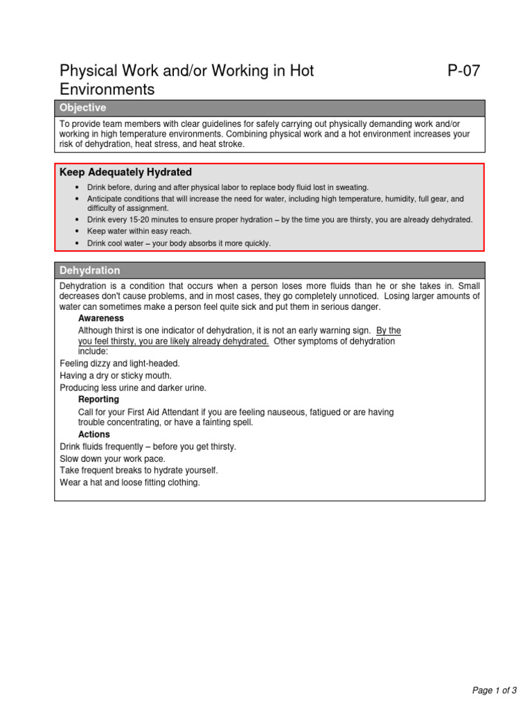 SOP-07 Physical Work in a Hot Environment | PDF | Dehydration ...
