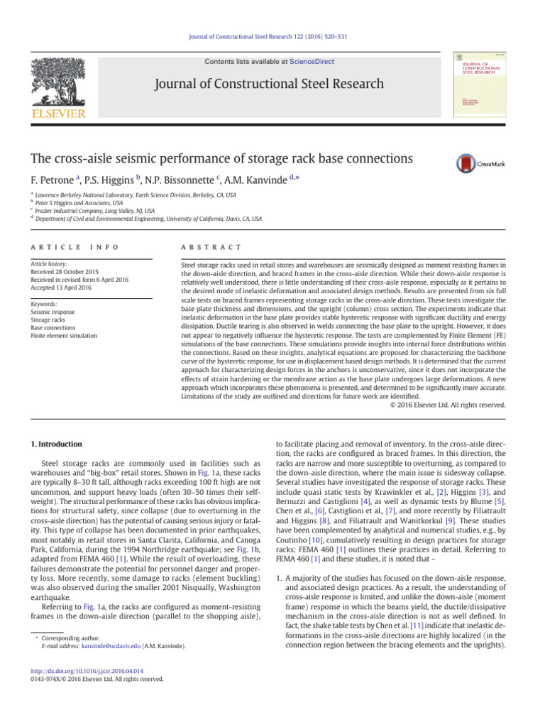 The Cross Aisle Seismic Performance Of Storage Rack Base Connections Download Free Pdf