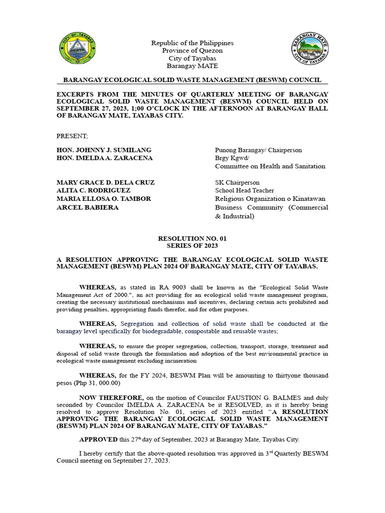 Reso BESWM PLAN | PDF | Waste Management | Human Impact On The Environment