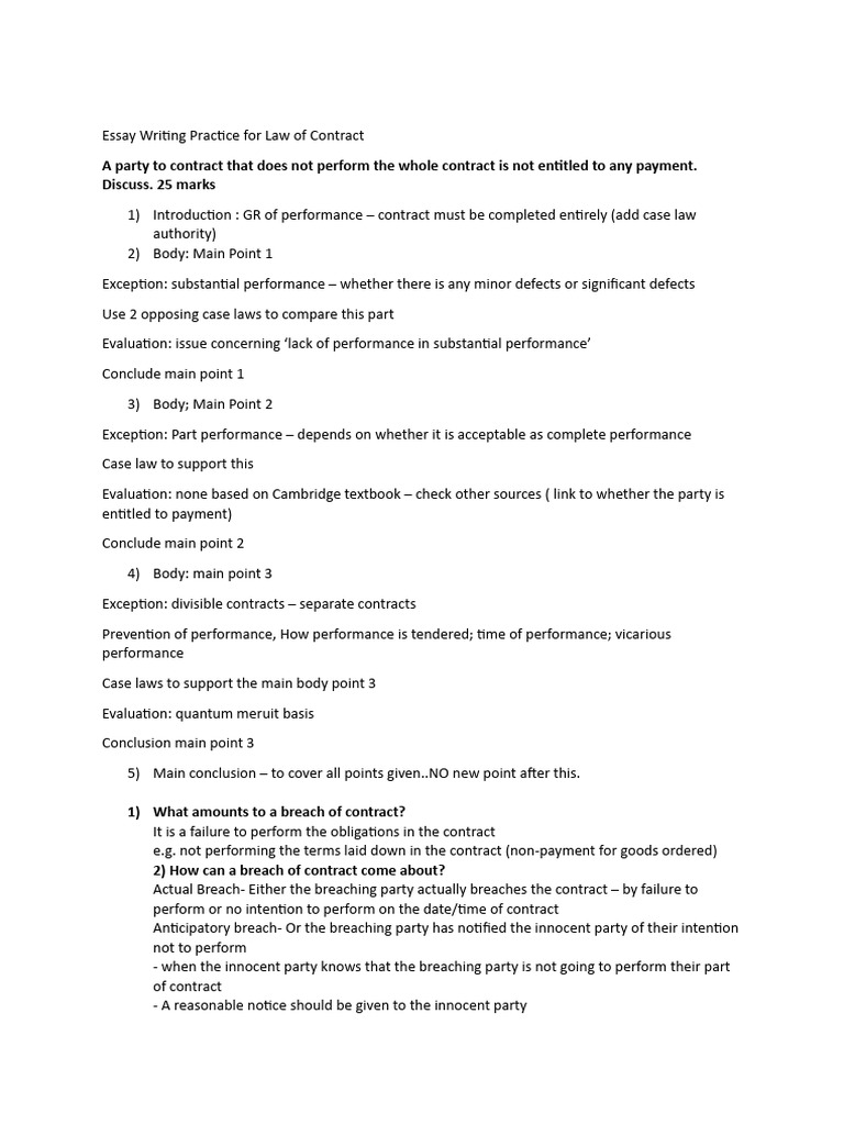 Essay Writing Practice For Law of Contract | PDF | Breach Of Contract ...