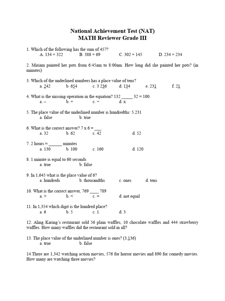 NAT Reviewer Grade 3 Math | PDF | Mathematics NAT Reviewer Grade 3 Math | PDF | Mathematics