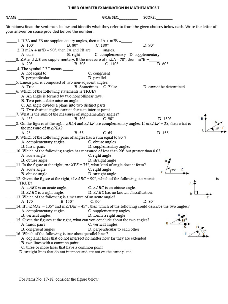 Math 7 3rd Quarter Exam | PDF | Perpendicular | Circle