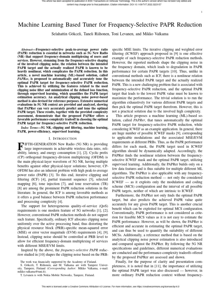 Machine Learning Based Tuner For Frequency-Selective PAPR Reduction ... Machine Learning Based Tuner For Frequency-Selective PAPR Reduction ...