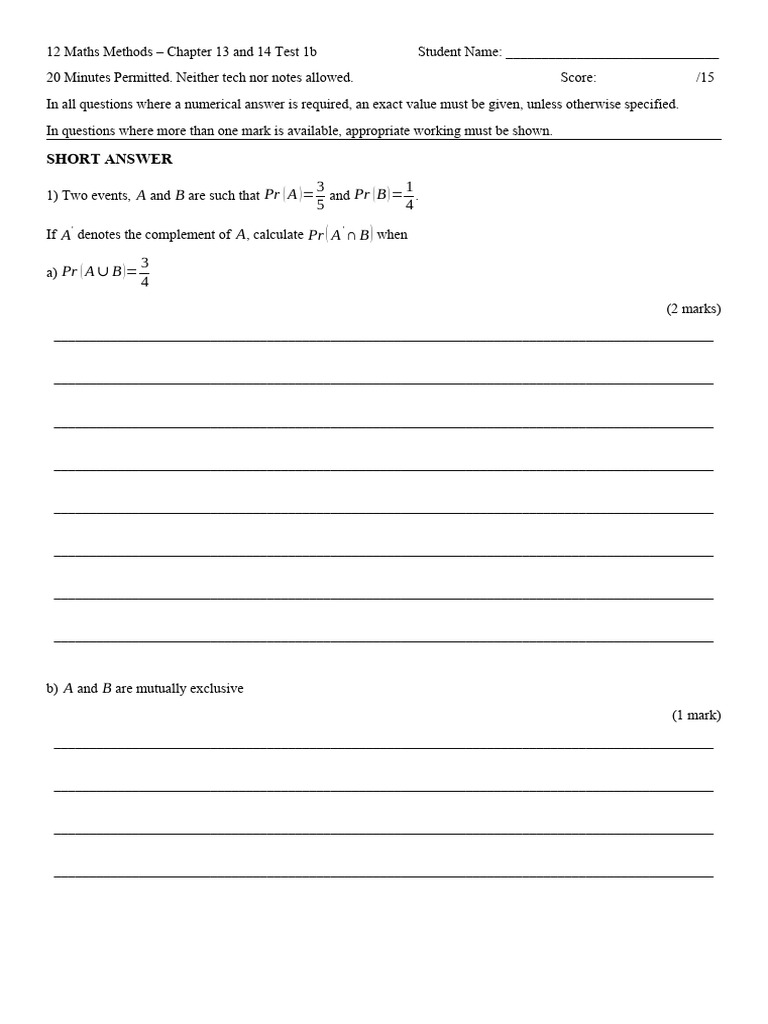 Methods Test CH 13 and 14 - Technology Free 1b | PDF | Probability ...