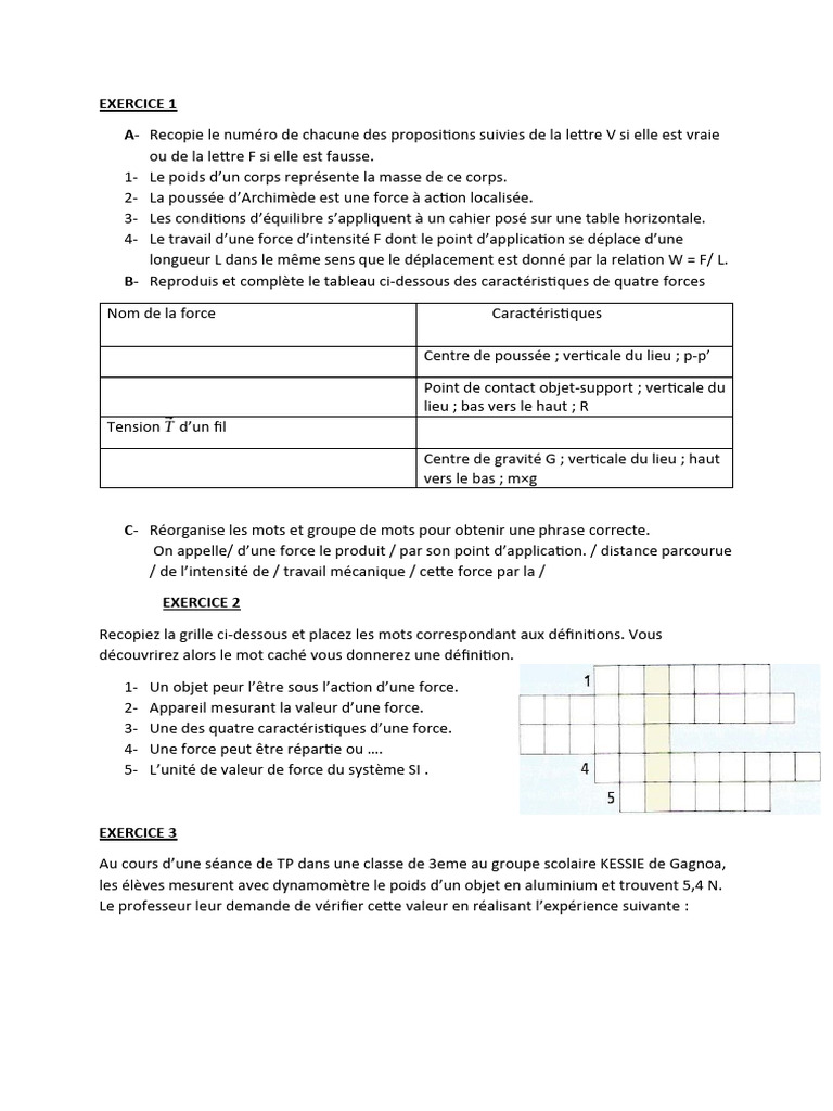 Exercice sur les forces et le travail | PDF | Méthodes et références ...