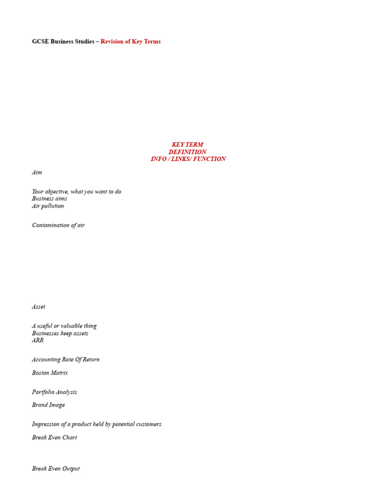 GCSE Business Key Terms | PDF | Employment | Market (Economics)