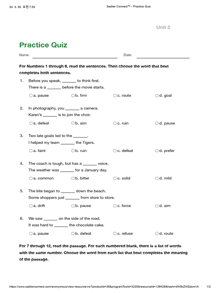 Sadlier Connect™ - Practice Quiz2 | PDF