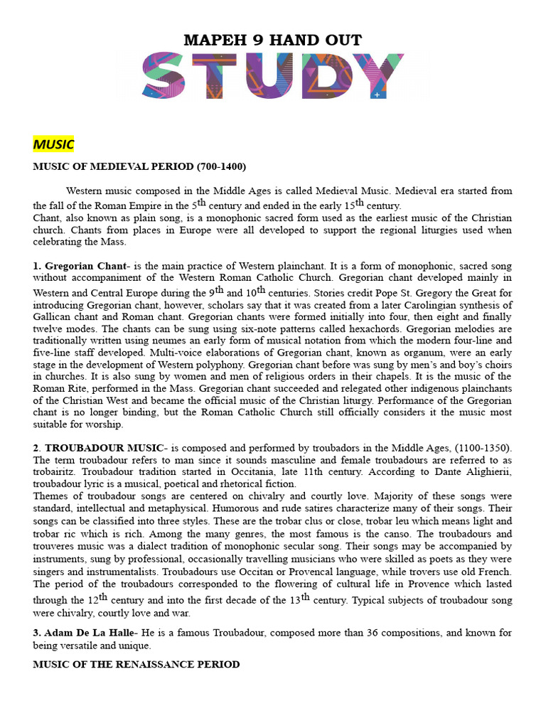 Mapeh 9 Hand Out | PDF | Gregorian Chant