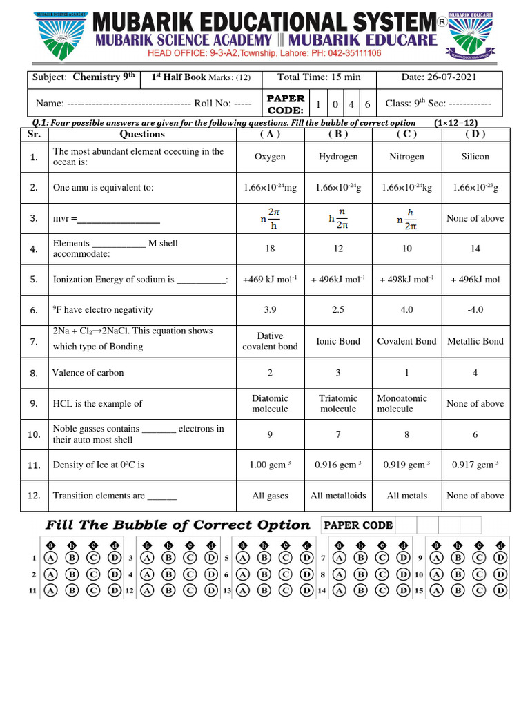 Chemistry 9th 1st Half Book 2020-21 | PDF | Chemical Bond | Molecules